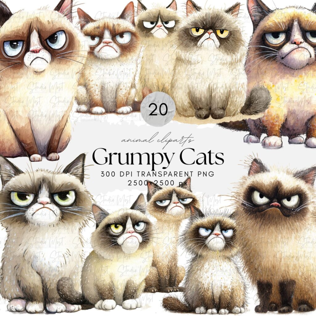 Grumpy Cats Watercolor ClipArt - StudioAtMost